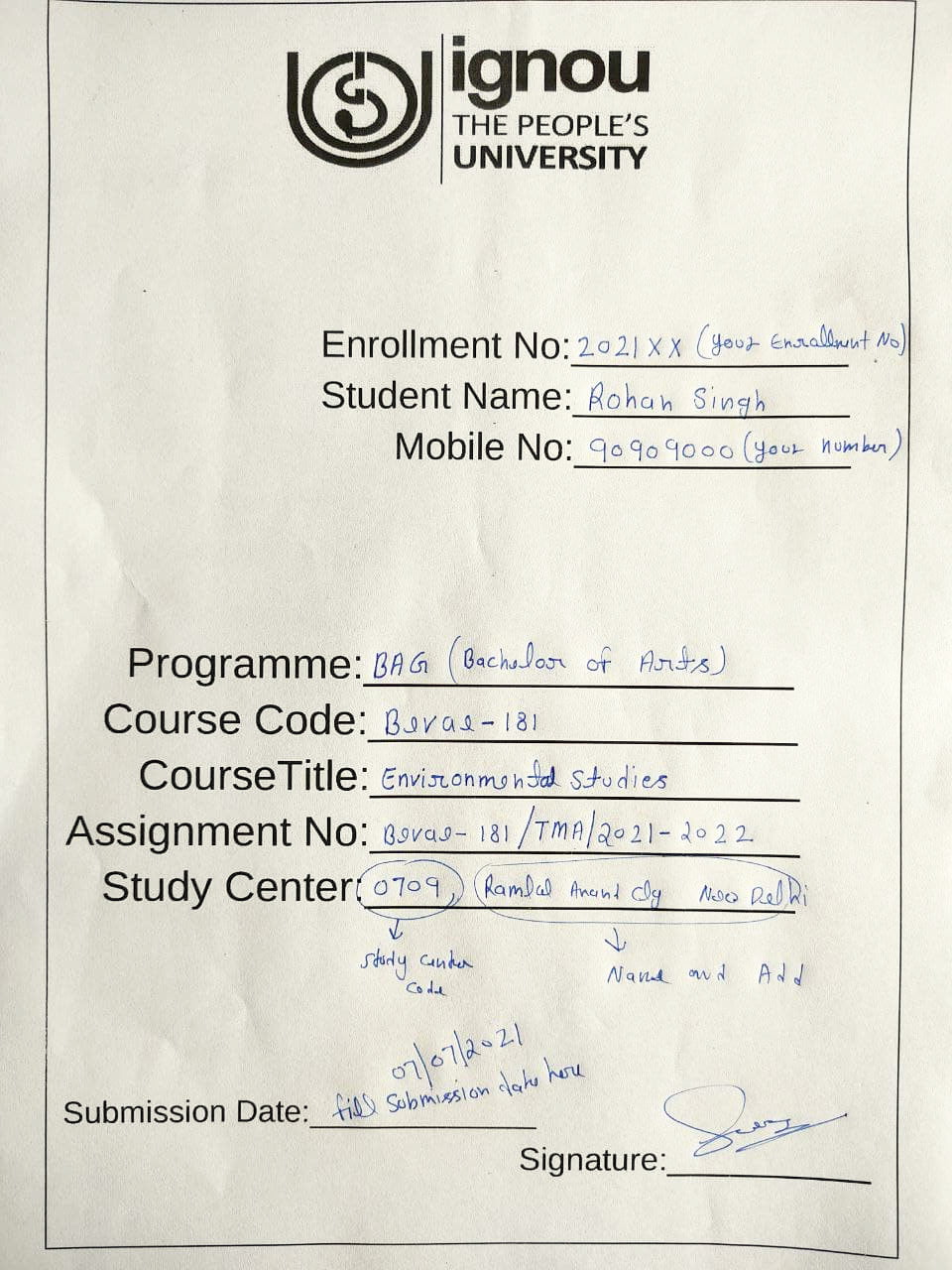 IGNOU Assignment Front Page - IGNOUBABA